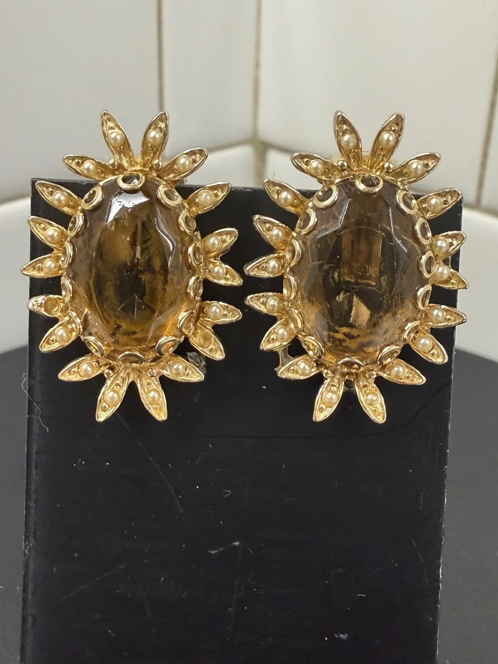 Jewelry | Gold Tone Sunflower And Amber Glass Clipon Earrings | Poshmark